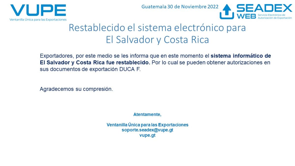 Restablecido el sistema electrónico para El Salvador y Costa Rica - VUPE