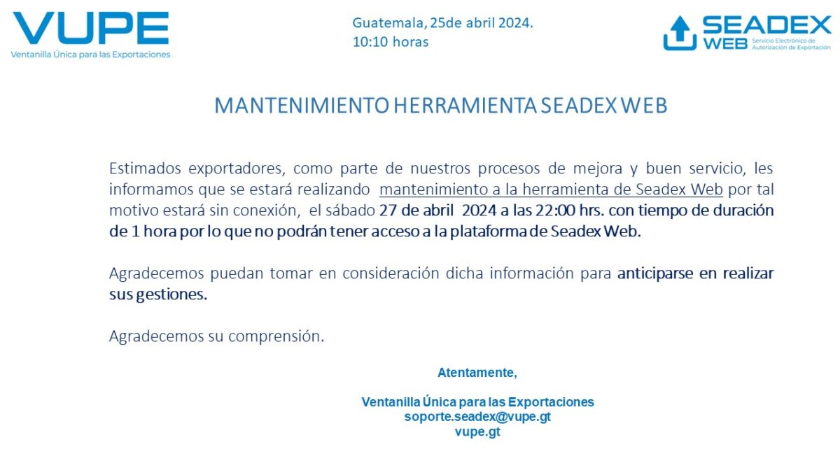 Restablecido Servicio de SEADEX WEB - VUPE