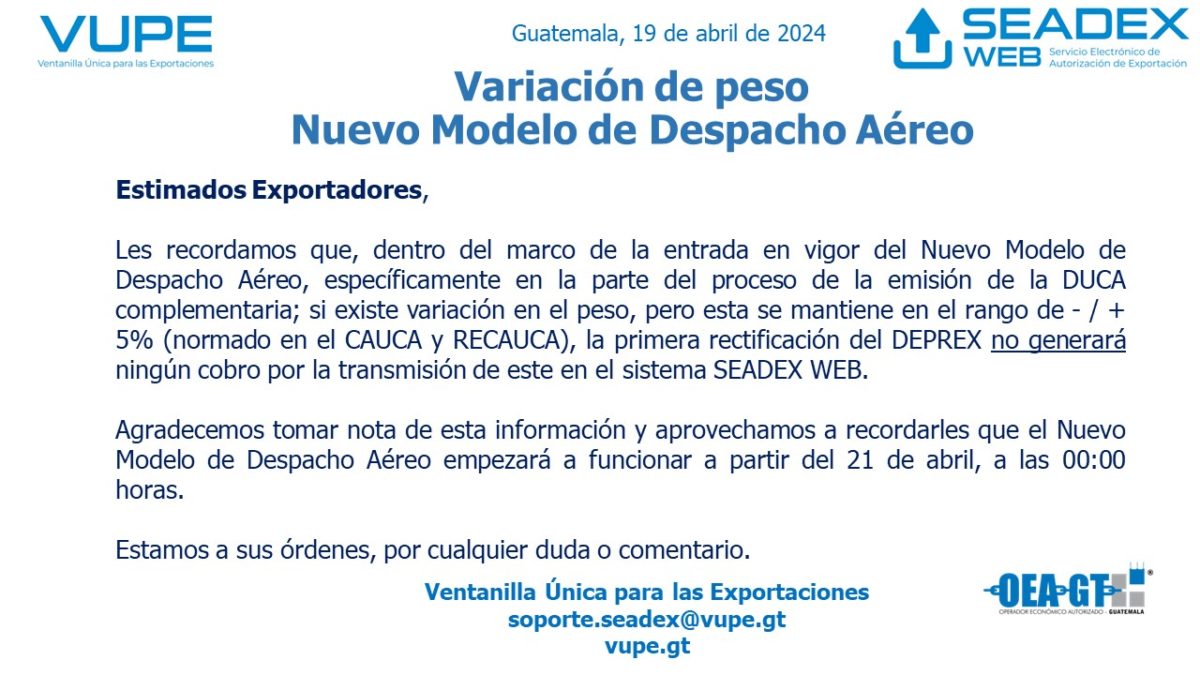 Variación de peso Nuevo Modelo de Despacho Aéreo - VUPE