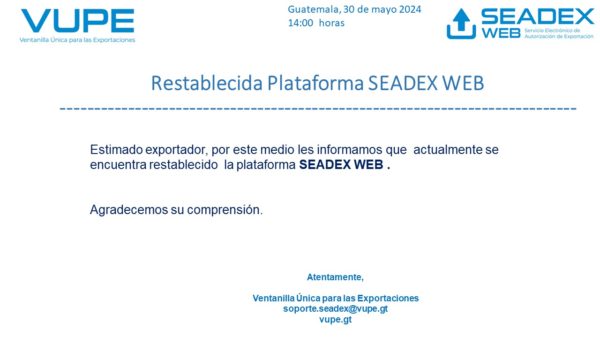 Sistema de SEADEX WEB restablecido - VUPE