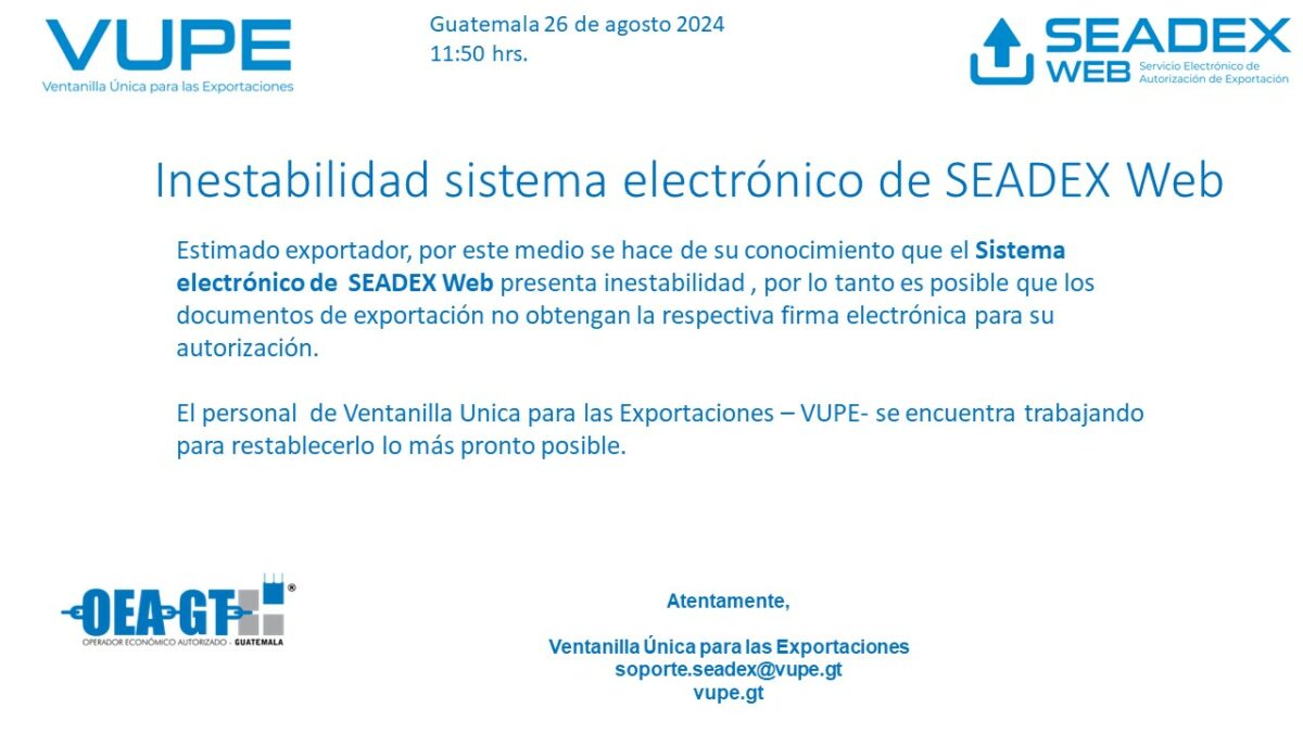 Inestabilidad sistema electrónico de SEADEX Web - VUPE