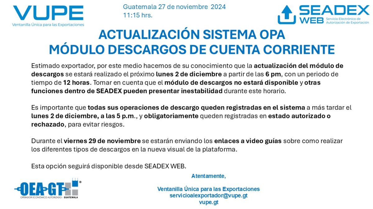 ACTUALIZACIÓN SISTEMA OPA MÓDULO DESCARGOS DE CUENTA CORRIENTE - VUPE