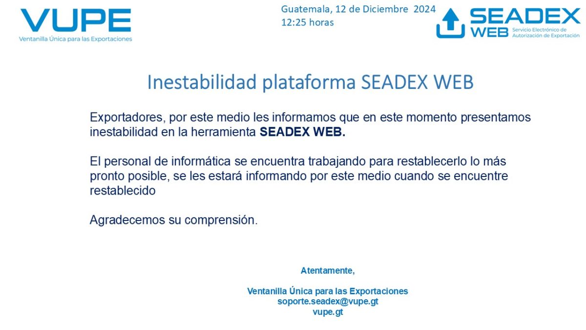 Inestabilidad plataforma SEADEX WEB - VUPE
