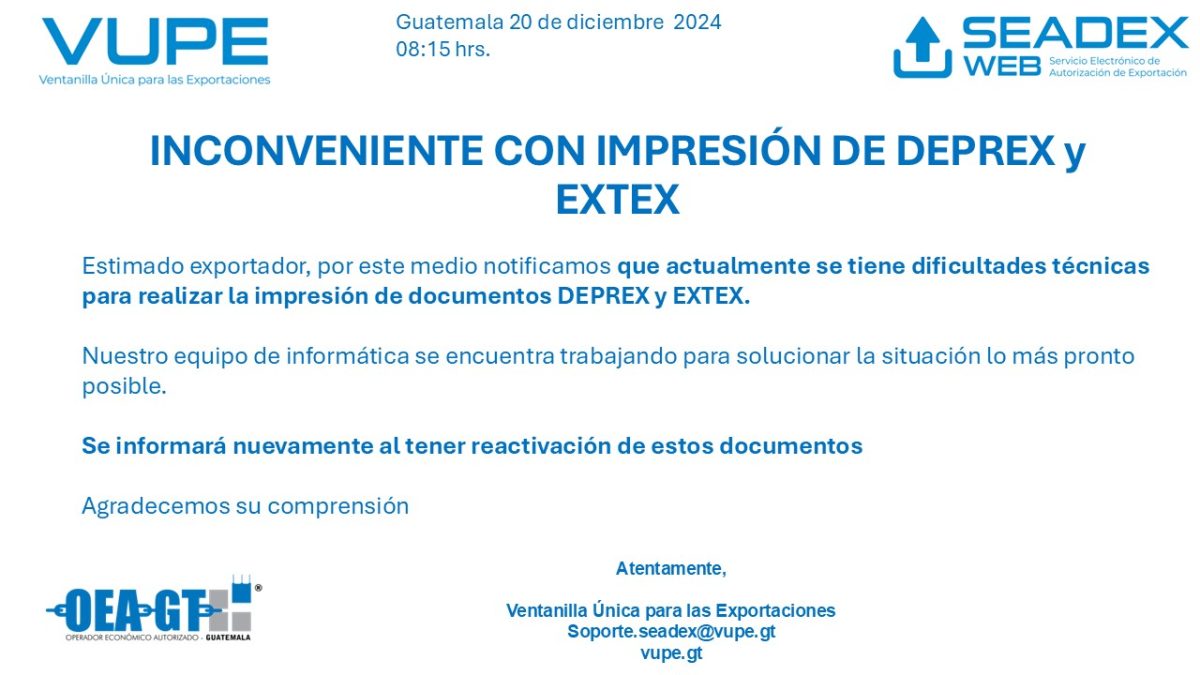 INCONVENIENTE CON IMPRESIÓN DE DEPREX y EXTEX - VUPE