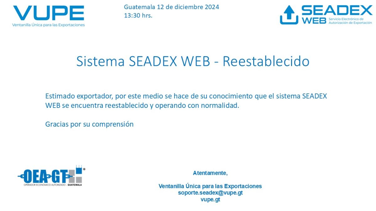 Sistema SEADEX WEB - Reestablecido - VUPE