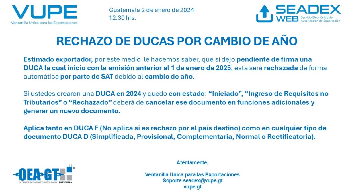 RECHAZO DE DUCAS POR CAMBIO DE AÑO - VUPE