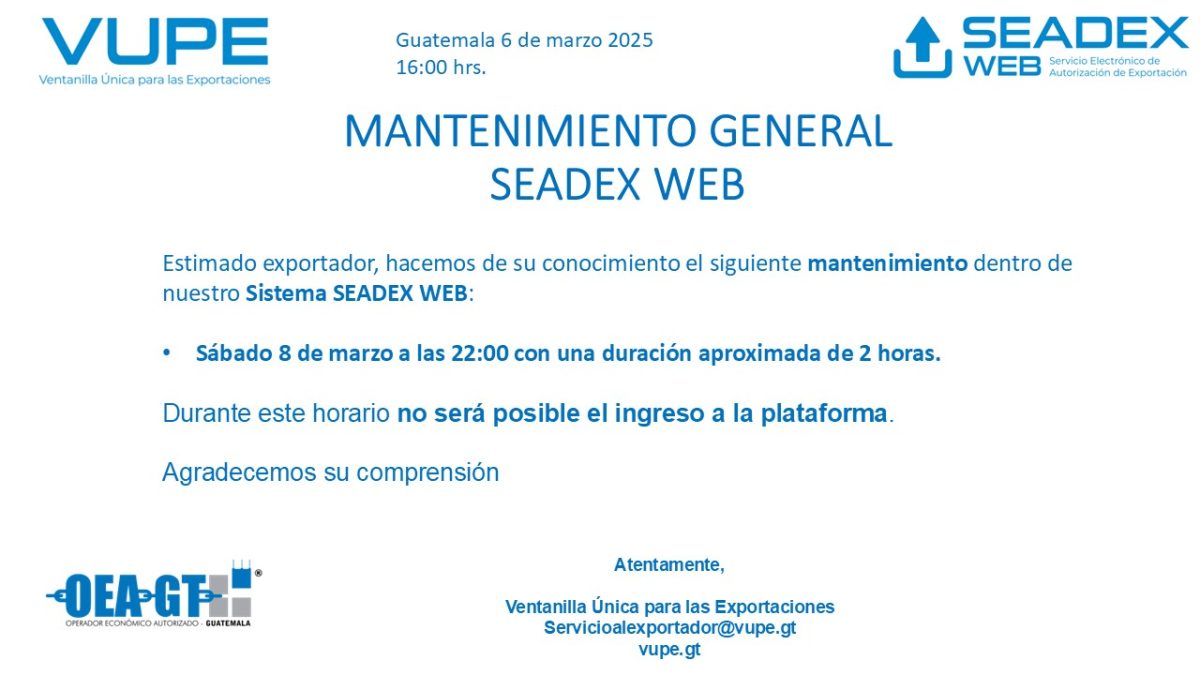 MANTENIMIENTO GENERAL SEADEX WEB - VUPE