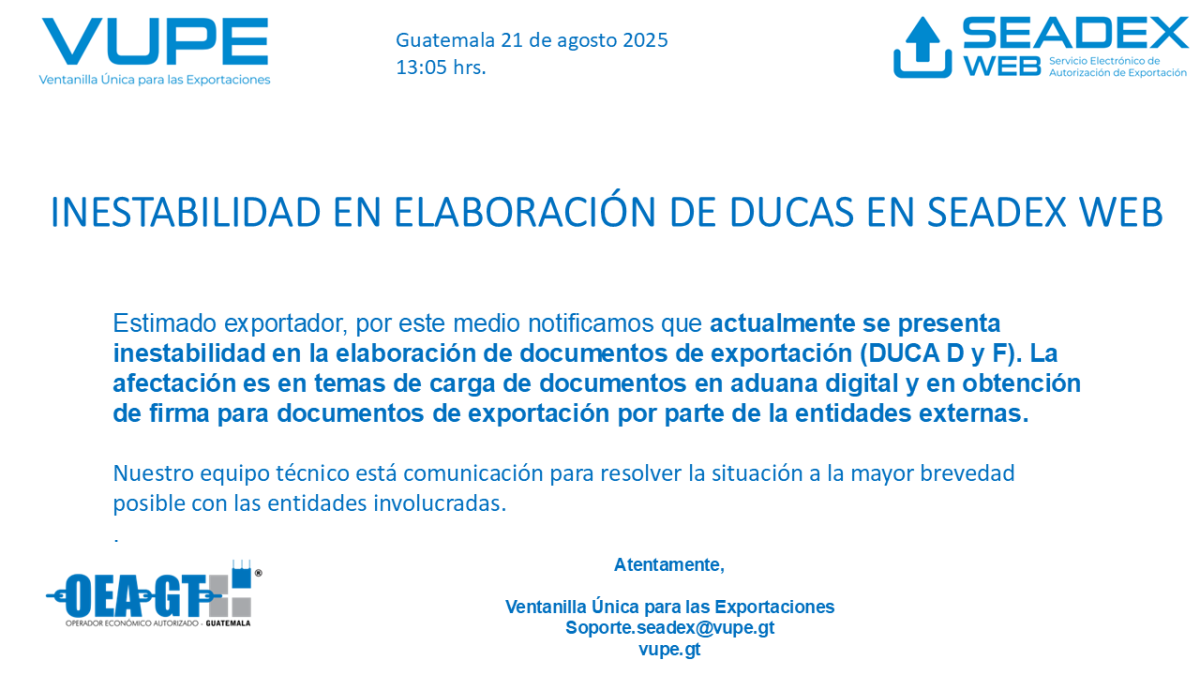 INESTABILIDAD EN ELABORACIÓN DE DUCAS EN SEADEX WEB - VUPE
