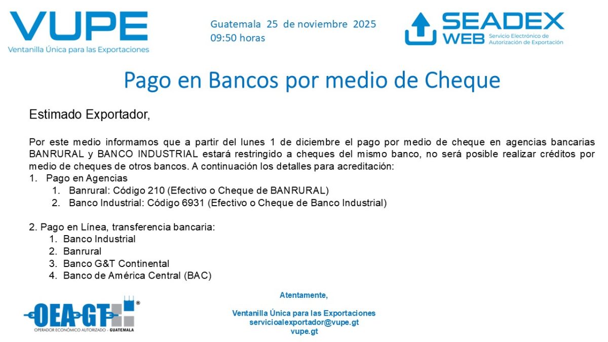 Pago en Bancos por medio de Cheque - VUPE